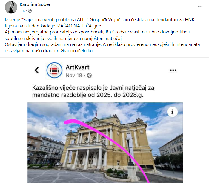 Namješten natječaj za intendanta HNK Zajc? Karolina Šober: "Gospođi Vrgoč sam čestitala na ...
